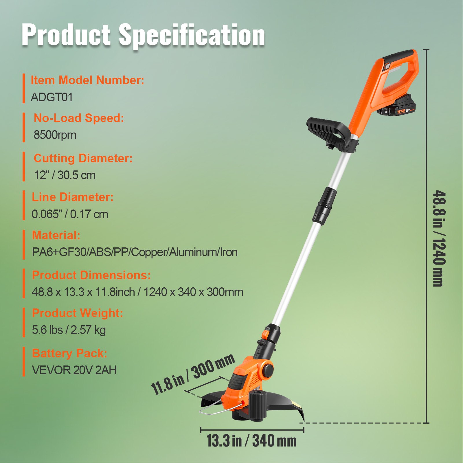 VEVOR Cordless String Trimmer, 12" 20 V Battery Powered Weed Eater With ...