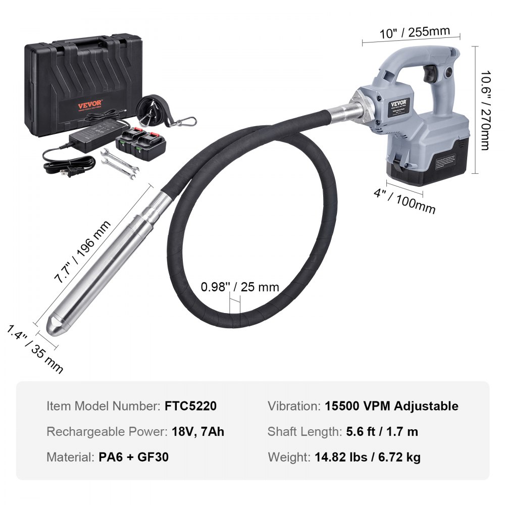 VEVOR Cordless Concrete Vibrator, 5.6 ft, Electric Vibrator 15500 VPM ...