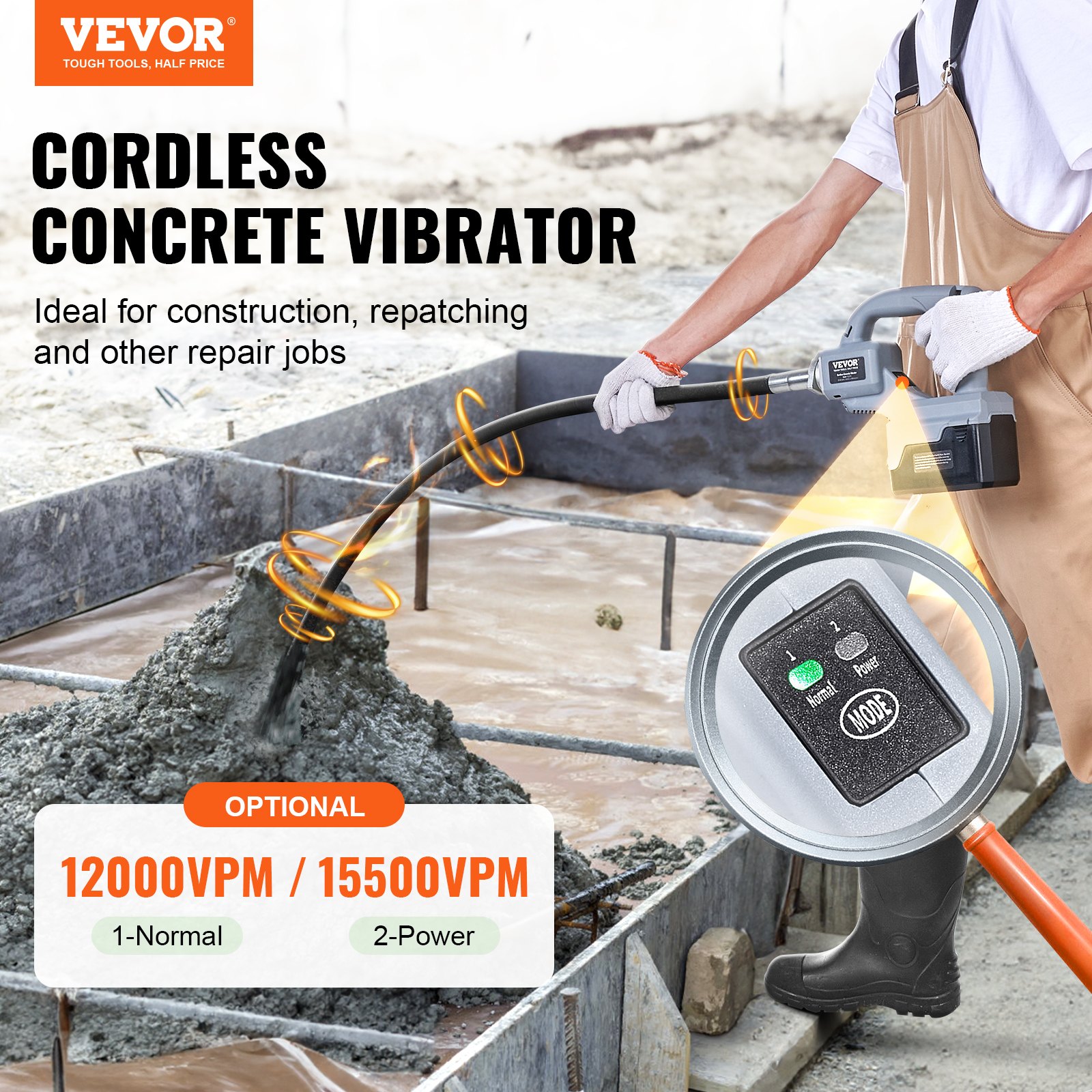 VEVOR Cordless Concrete Vibrator, 5.6 ft, Electric Vibrator 15500 VPM ...