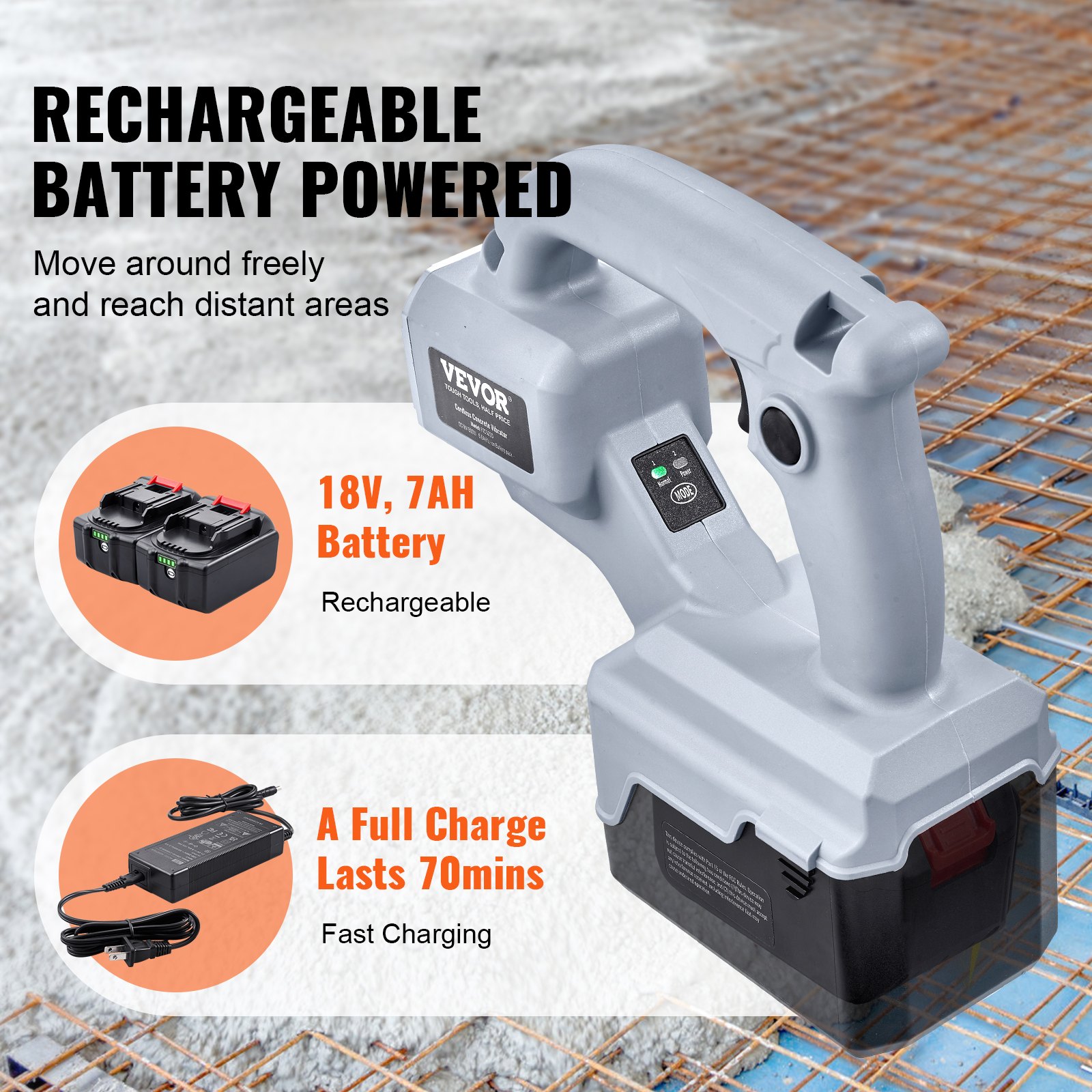 VEVOR Cordless Concrete Vibrator, 5.6 ft, Electric Vibrator 15500 VPM ...