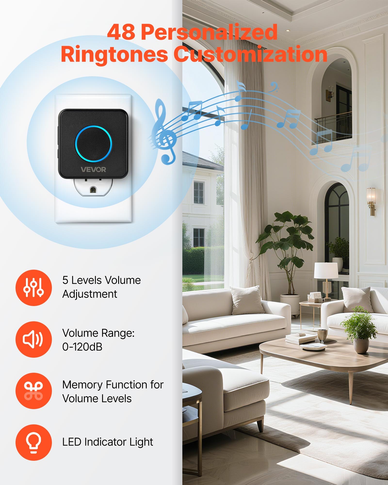 VEVOR Wireless Door Chime Kit – 1000 Ft, IP54, 48 Ringtones