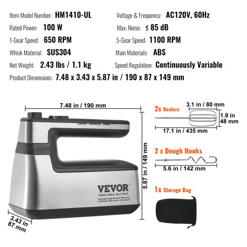 VEVOR Cordless Electric Hand Mixer, 250W, Continuously Variable ...