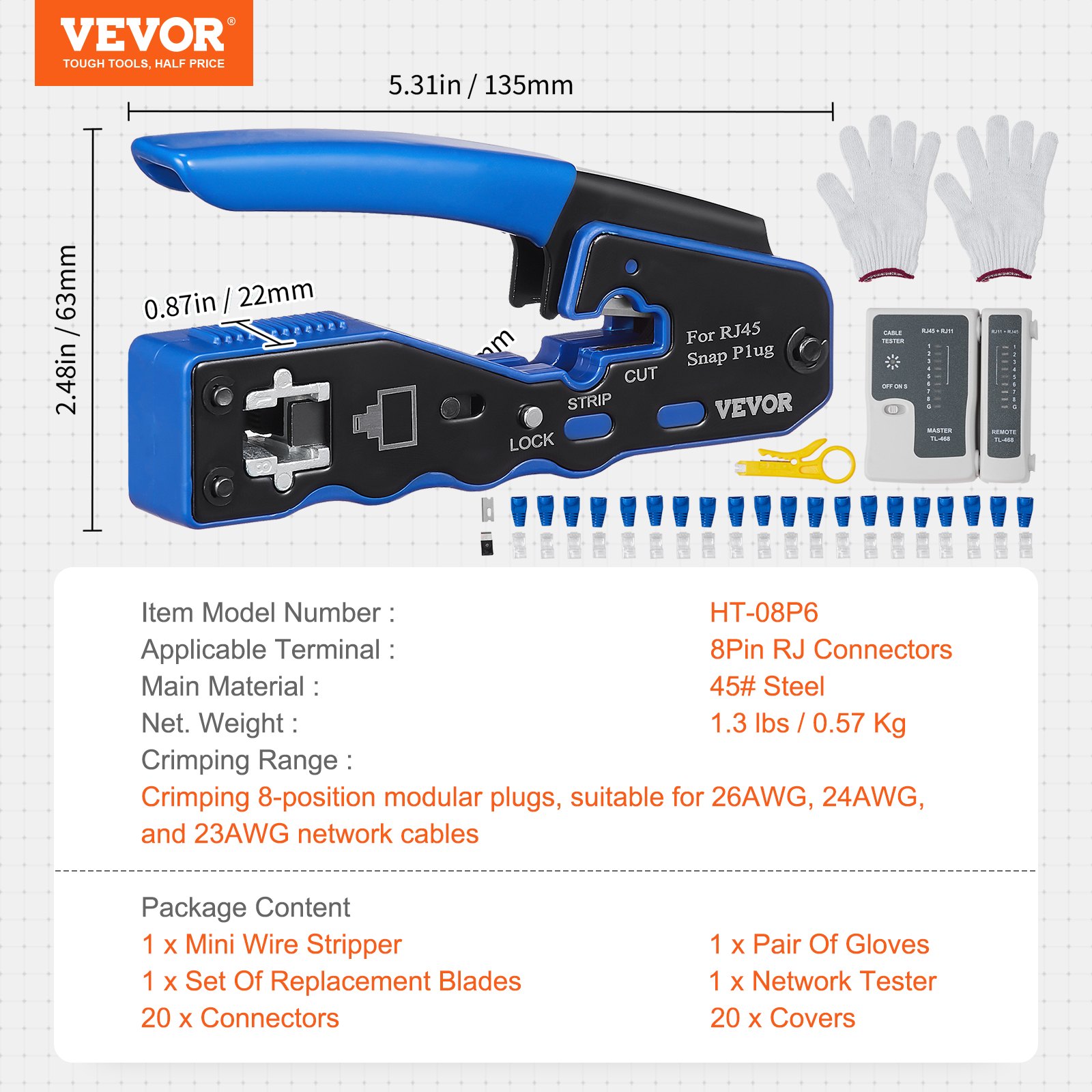 VEVOR RJ45 Crimp Tool Kit, Cat5e/Cat6/Cat6a Pass Through Ethernet ...
