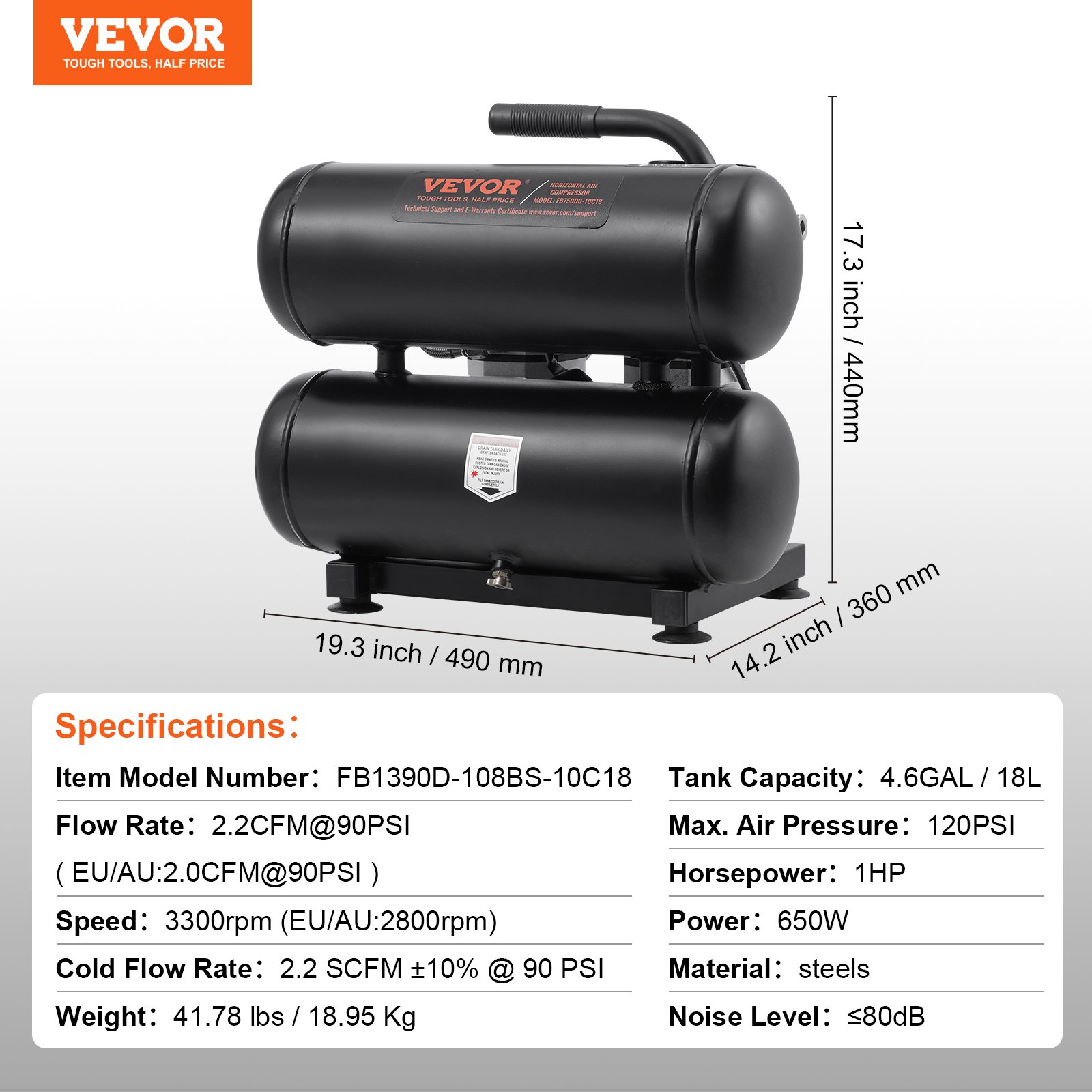 VEVOR Air Compressor Compact Portable Oil Free Compressor 4.6 Gallon 90 ...