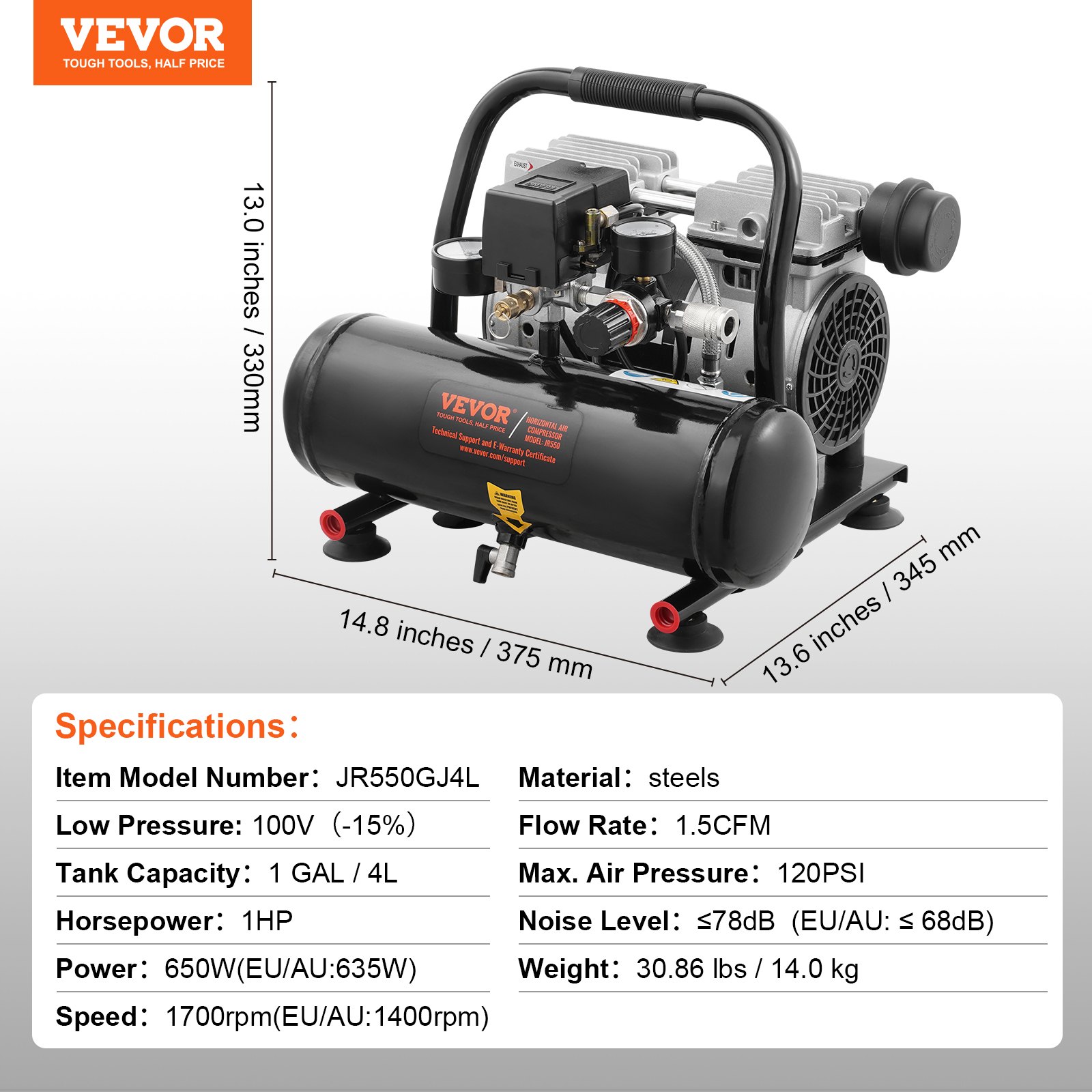 VEVOR Air Compressor Compact Portable Oil Free Compressor 1 Gallon ...