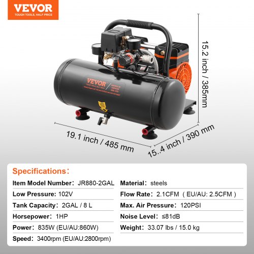 VEVOR Air Compressor Compact Portable Oil Free Compressor 2 Gallon 8bar | VEVOR US