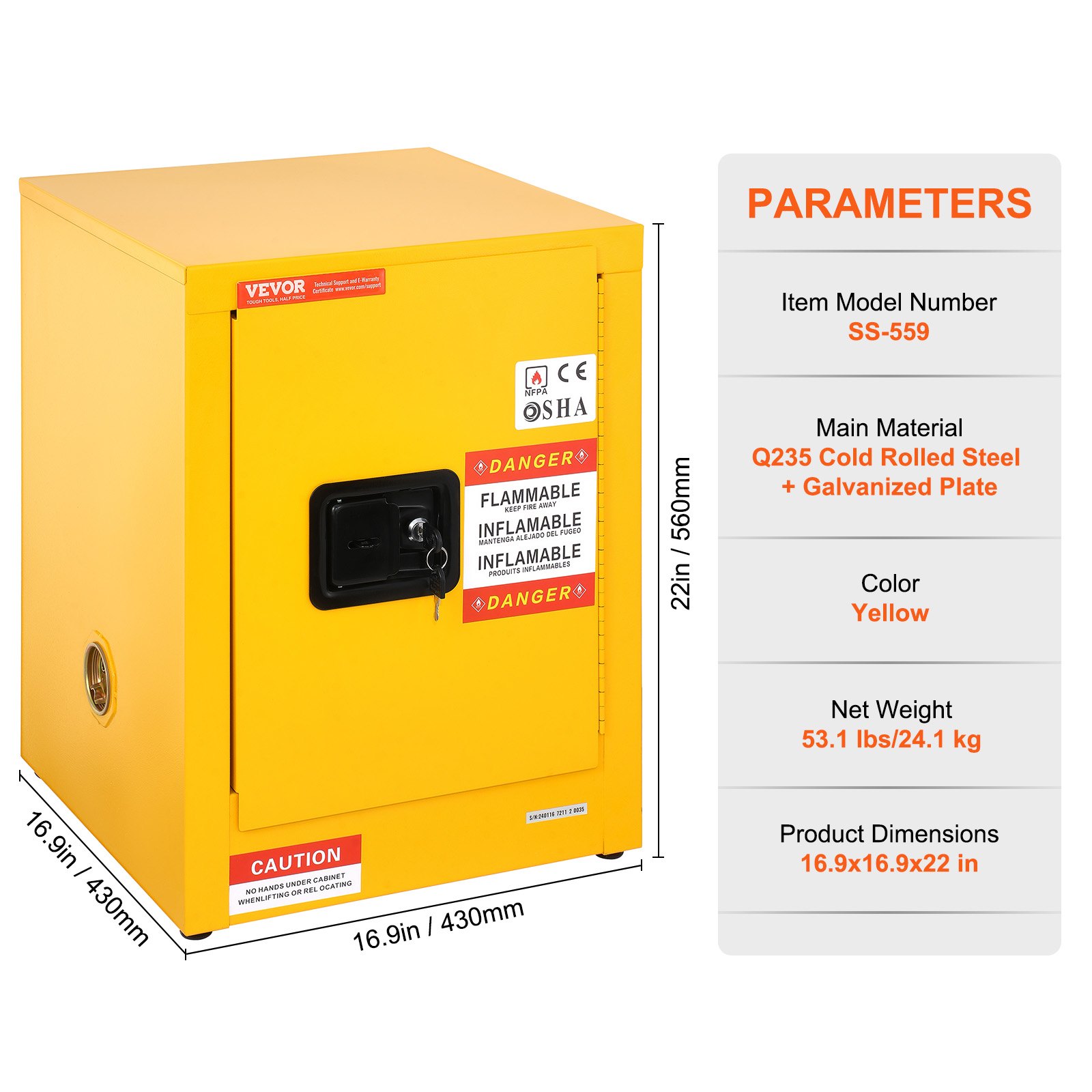 VEVOR 16.9" x 16.9" x 22" Flammable Cabinet Galvanized Steel, Safety ...