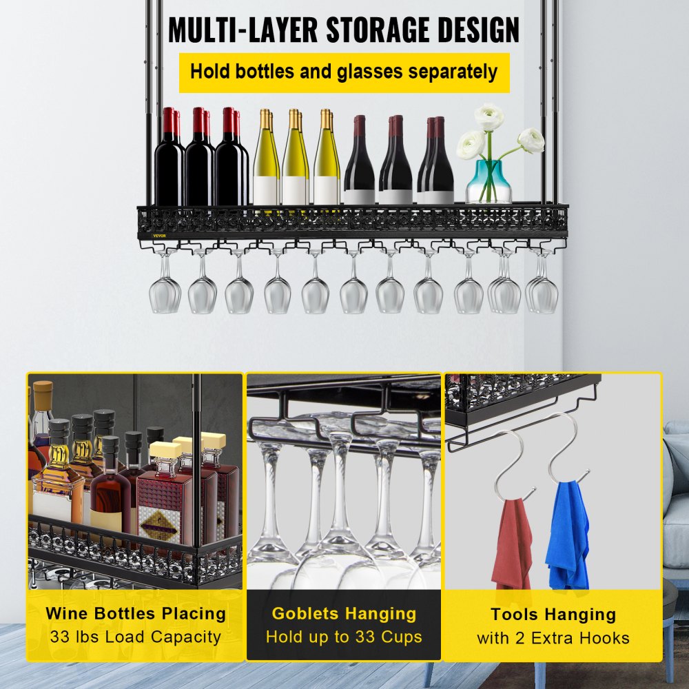 VEVOR Ceiling Wine Glass Rack, 46.9 x 13 inch Hanging Wine Glass Rack ...