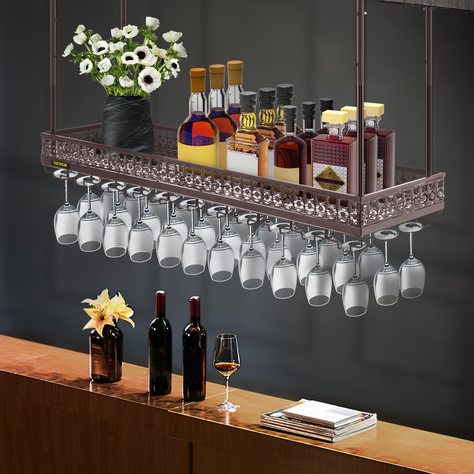 VEVOR Ceiling Wine Glass Rack, 46.9 x 13 inch Hanging Wine Glass Rack ...
