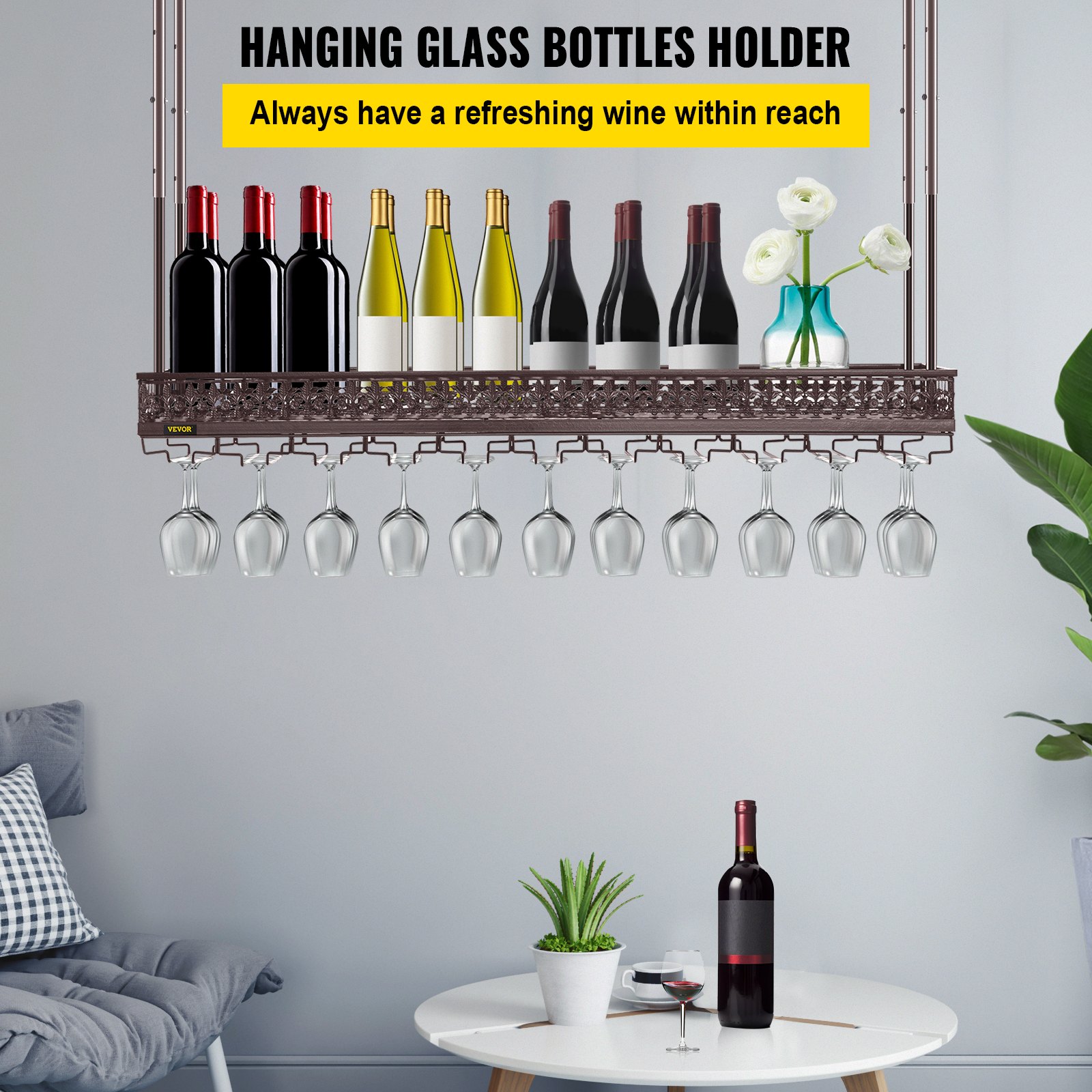 VEVOR Ceiling Wine Glass Rack, 46.9 x 13 inch Hanging Wine Glass Rack ...