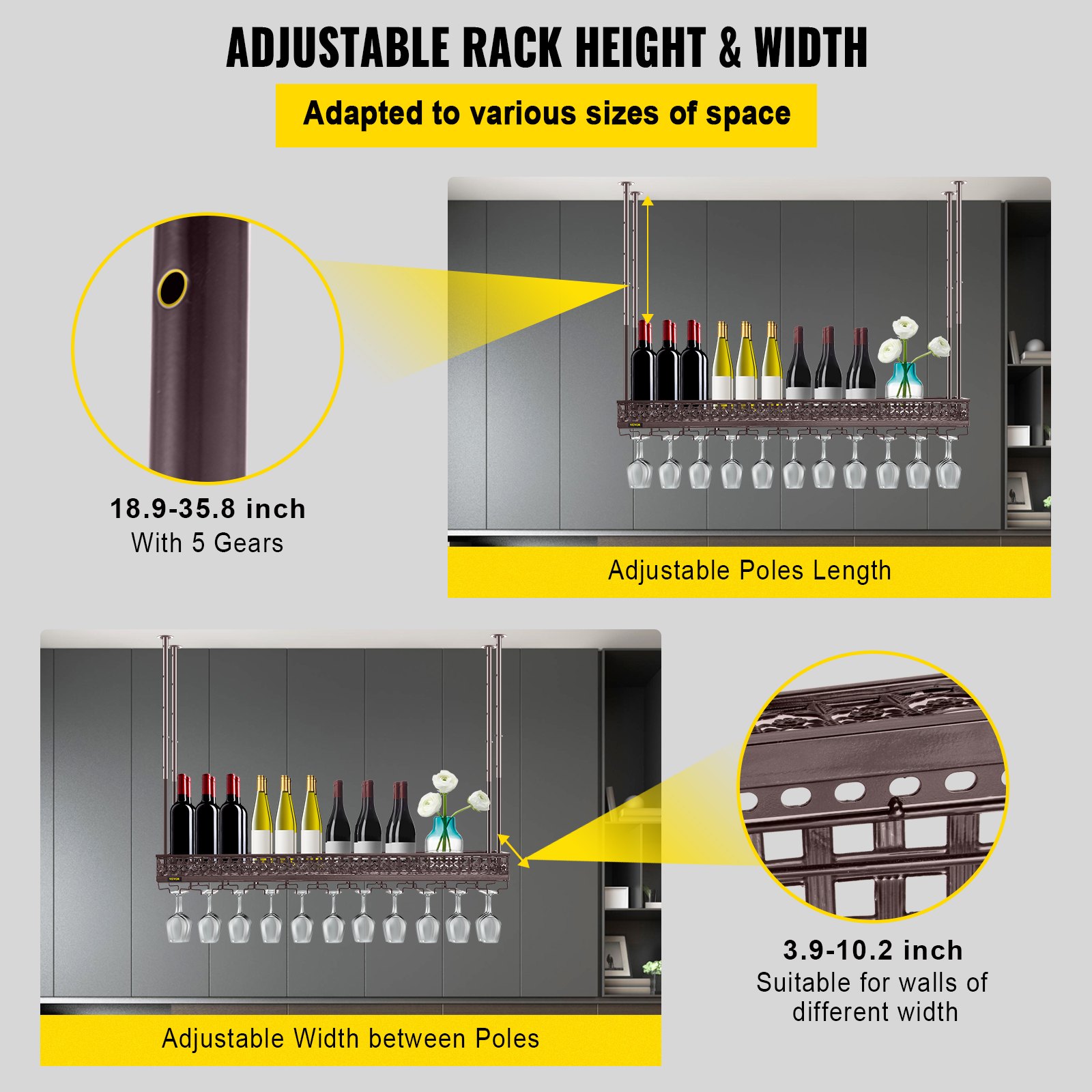 VEVOR Ceiling Wine Glass Rack, 46.9 x 13 inch Hanging Wine Glass Rack ...