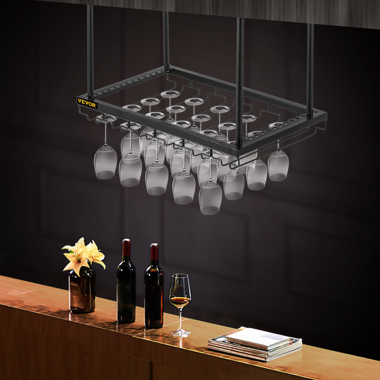 VEVOR Ceiling Wine Glass Rack, 23.6 x 13.8 inch Hanging Wine Glass Rack ...