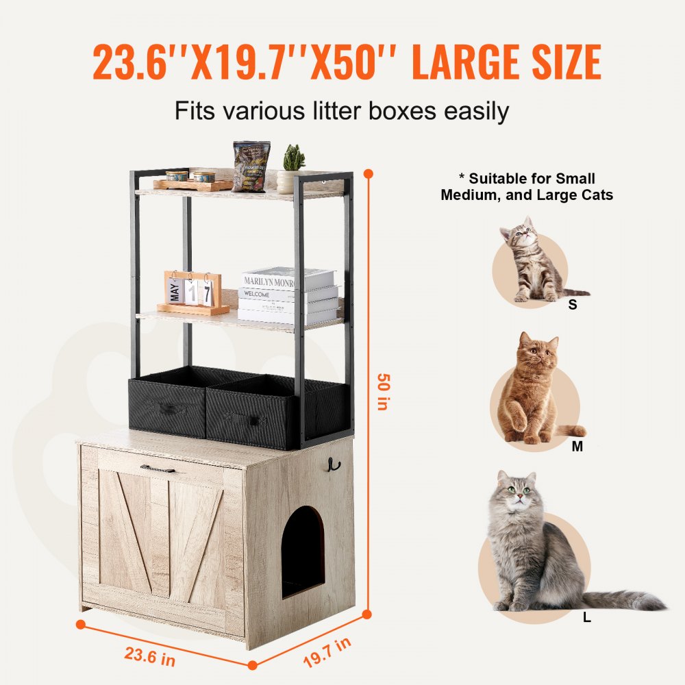 VEVOR Cat Litter Box Enclosure Litter Box Furniture Hidden 2 Shelves ...