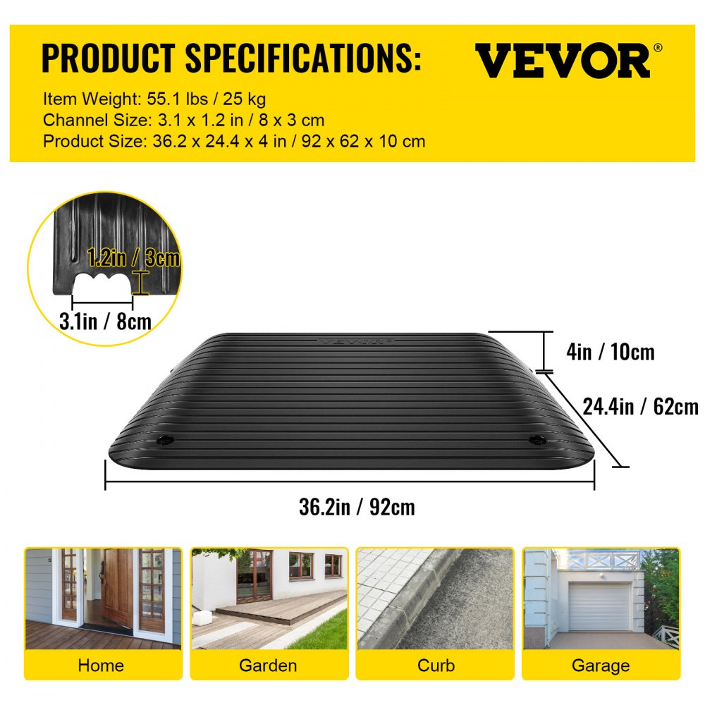 VEVOR Rubber Threshold Ramp, 4" Rise Doorway Ramp, 1 Pack with Channel ...