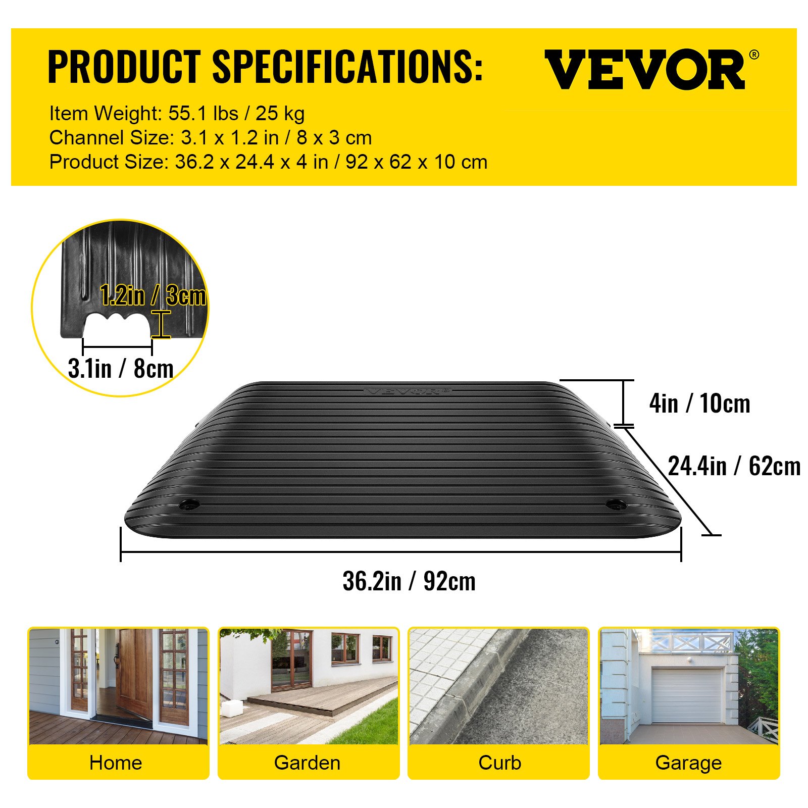 VEVOR Rubber Threshold Ramp, 4" Rise Doorway Ramp, 1 Pack with Channel ...