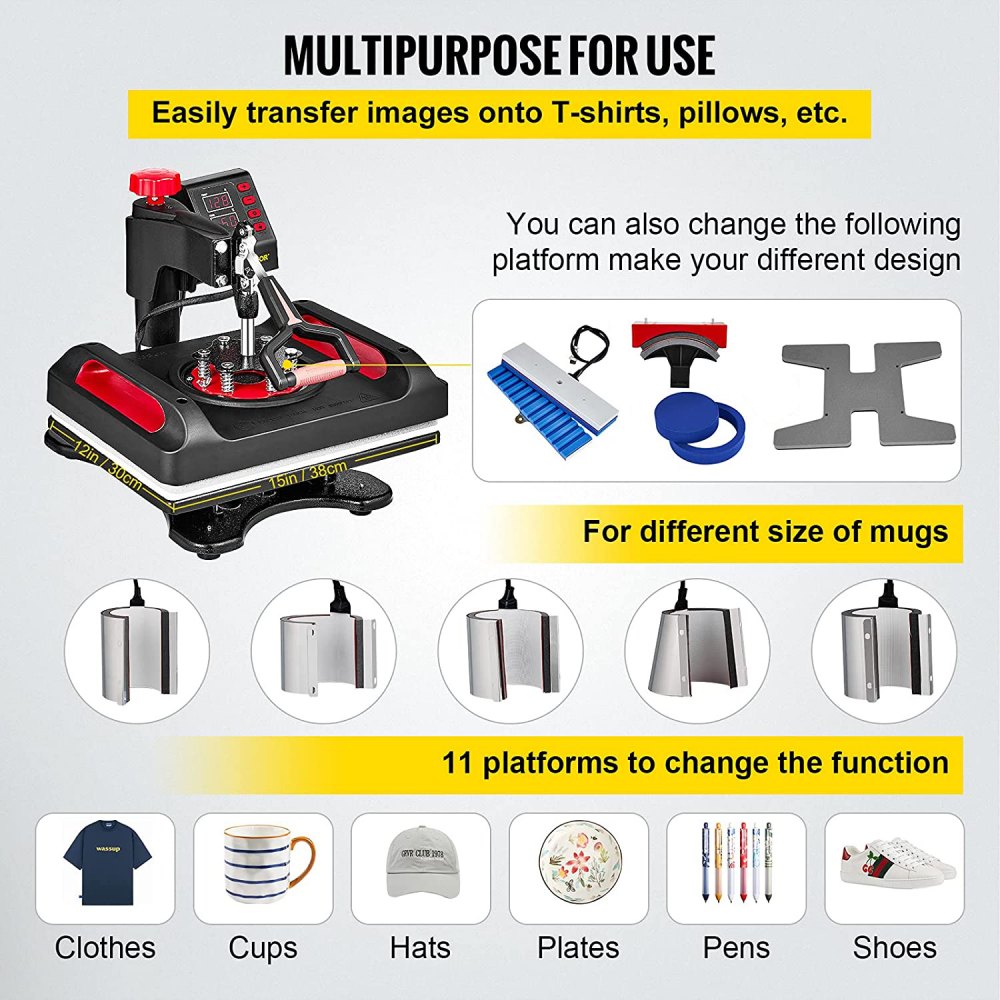 VEVOR 11 in 1 Heat Press, 12 x 15 Inch, Multifunctional Clamshell ...