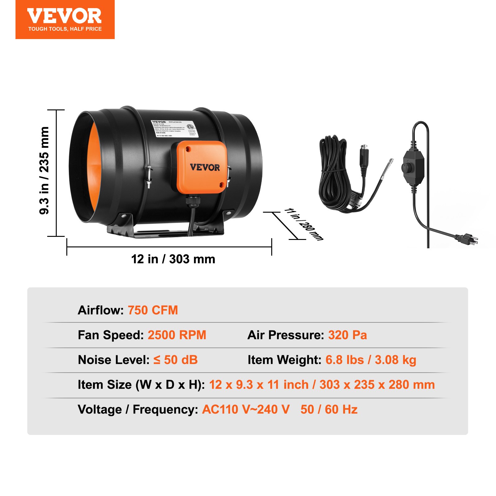 VEVOR 8 Inch Inline Duct Fan HVAC Exhaust Blower Kit AC Variable Speed Control | VEVOR CA