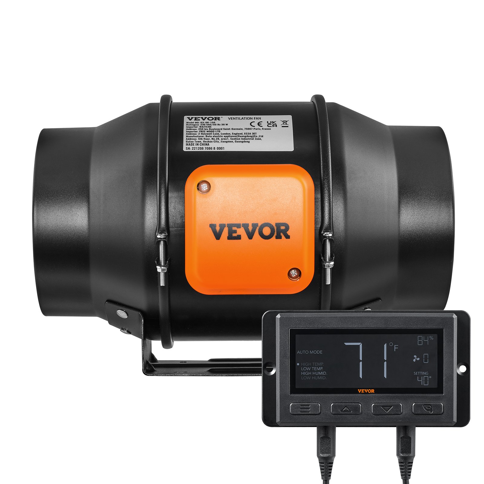 VEVOR Inline Duct Fan, 6-Inch 402 CFM with Temperature Humidity ...