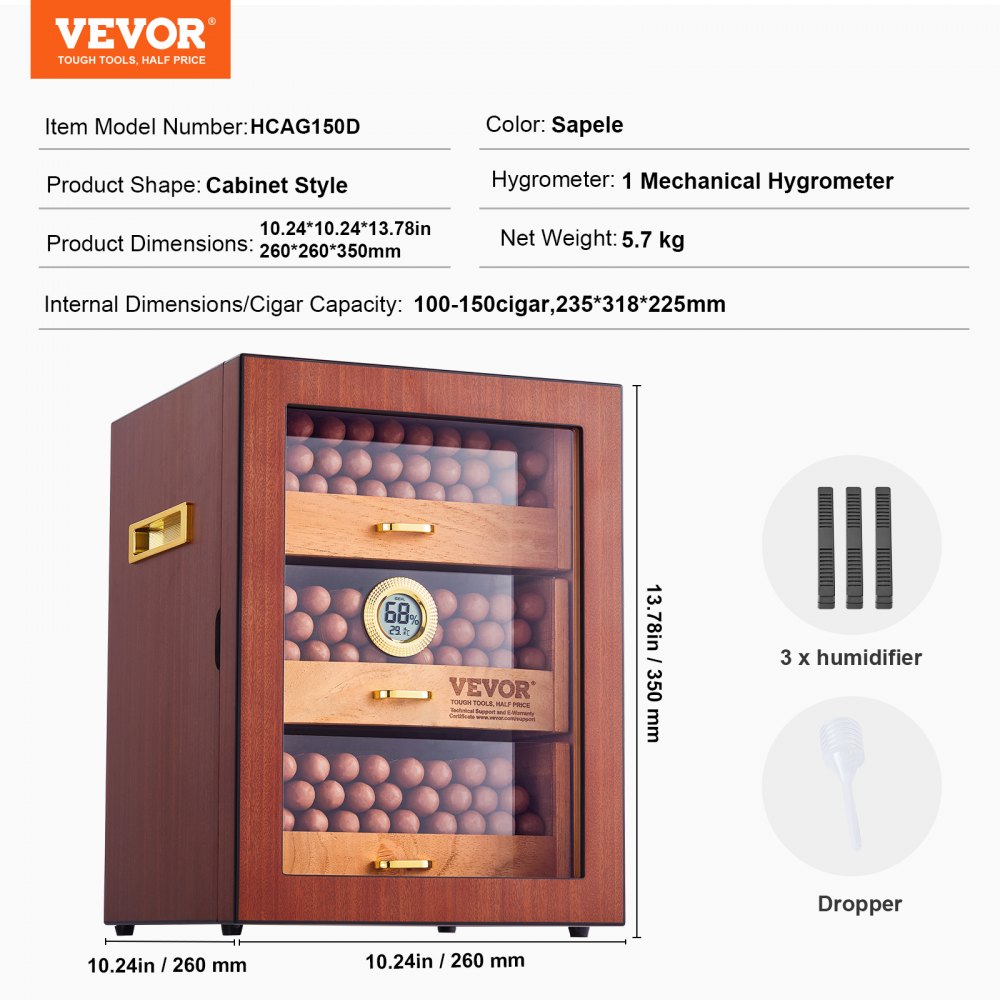 VEVOR 150 Cigar Humidor Cabinet Cedar Cigar Box Humidifier & Hygrometer ...