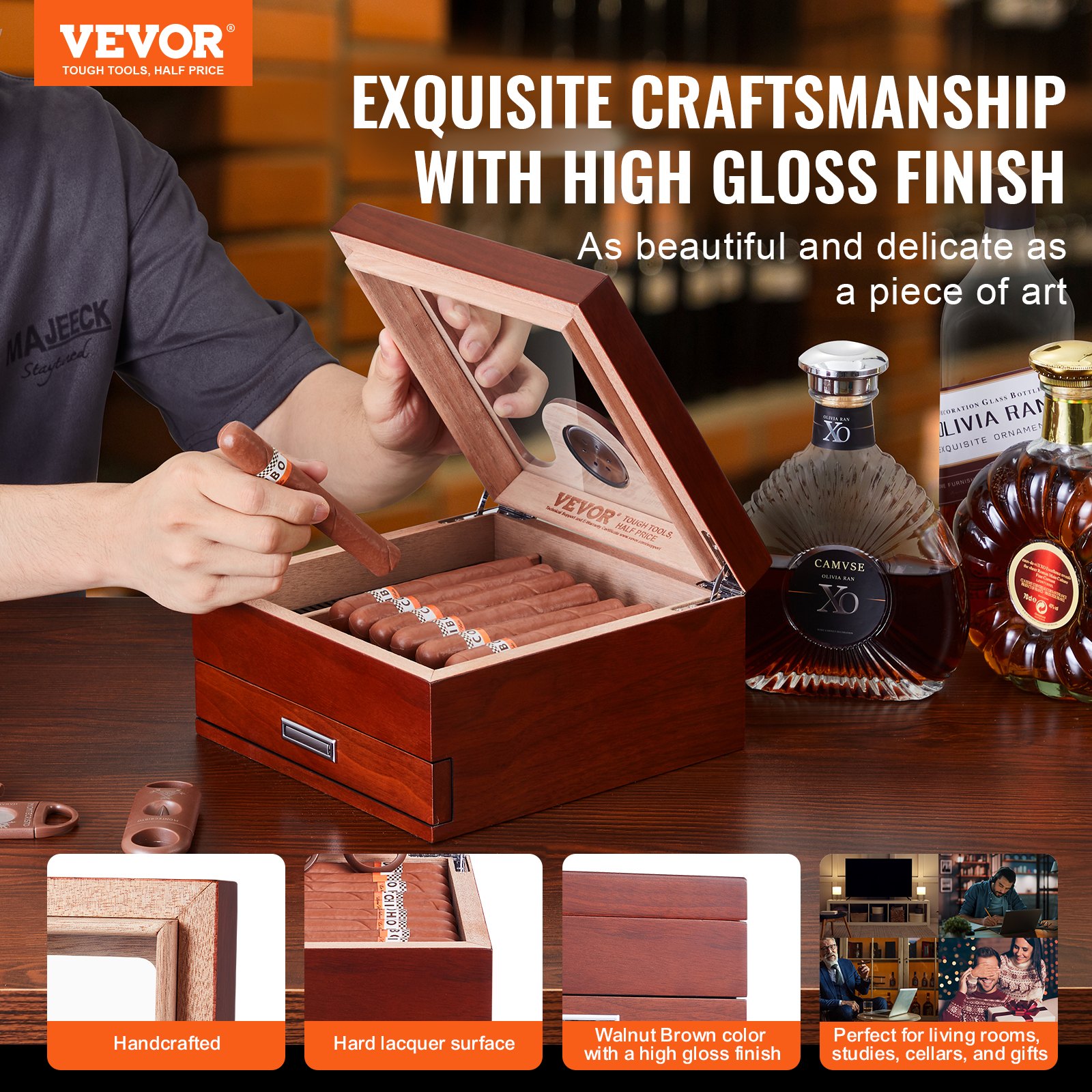 VEVOR 35 Cigar Humidor Glasstop Cedar Cigar Box Humidifier & Hygrometer ...