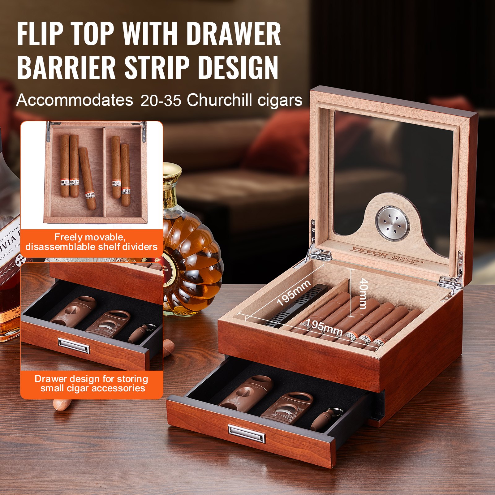 VEVOR 35 Cigar Humidor Glasstop Cedar Cigar Box Humidifier & Hygrometer ...