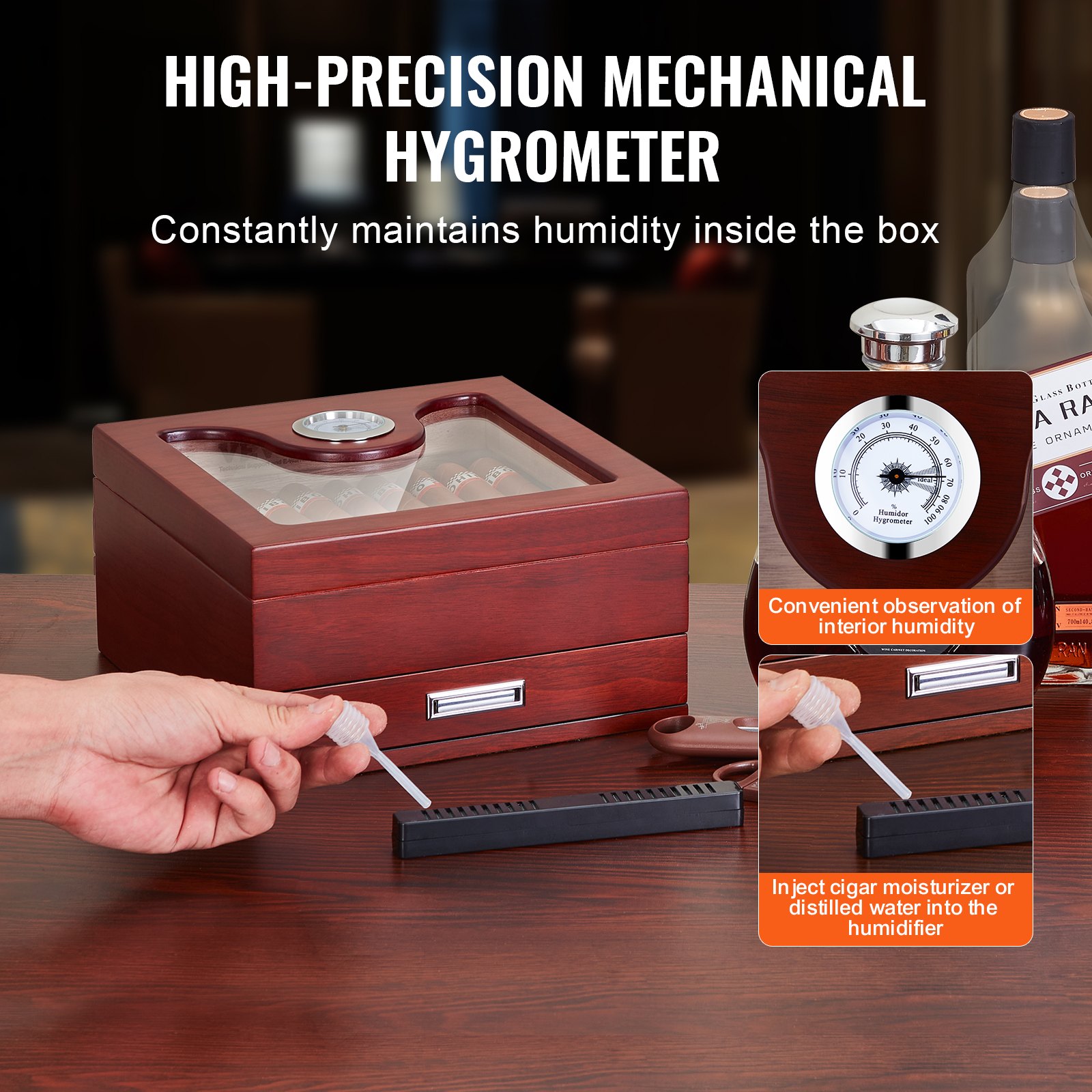 VEVOR 35 Cigar Humidor Glasstop Cedar Cigar Box Humidifier & Hygrometer ...