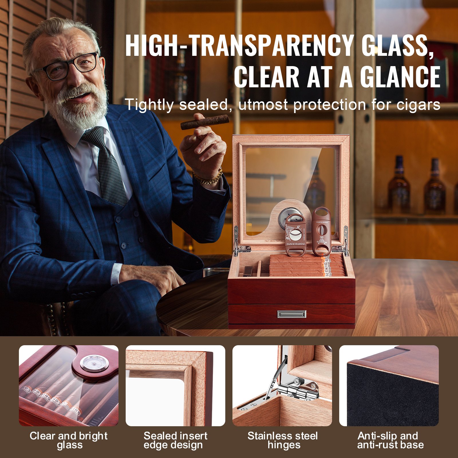 VEVOR 35 Cigar Humidor Glasstop Cedar Cigar Box Humidifier & Hygrometer ...