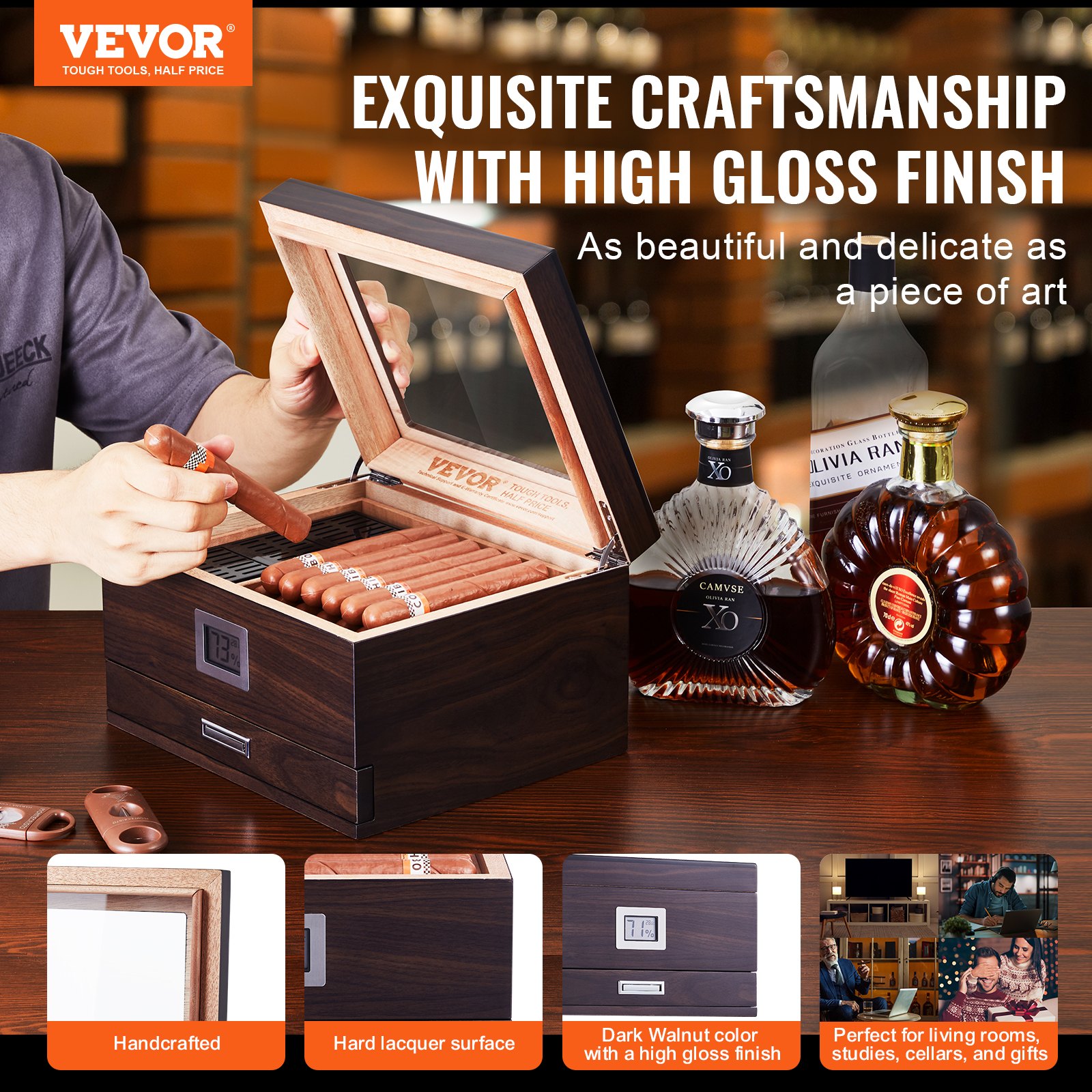 VEVOR 50 Cigar Humidor Glasstop Cedar Cigar Box Humidifier & Hygrometer ...