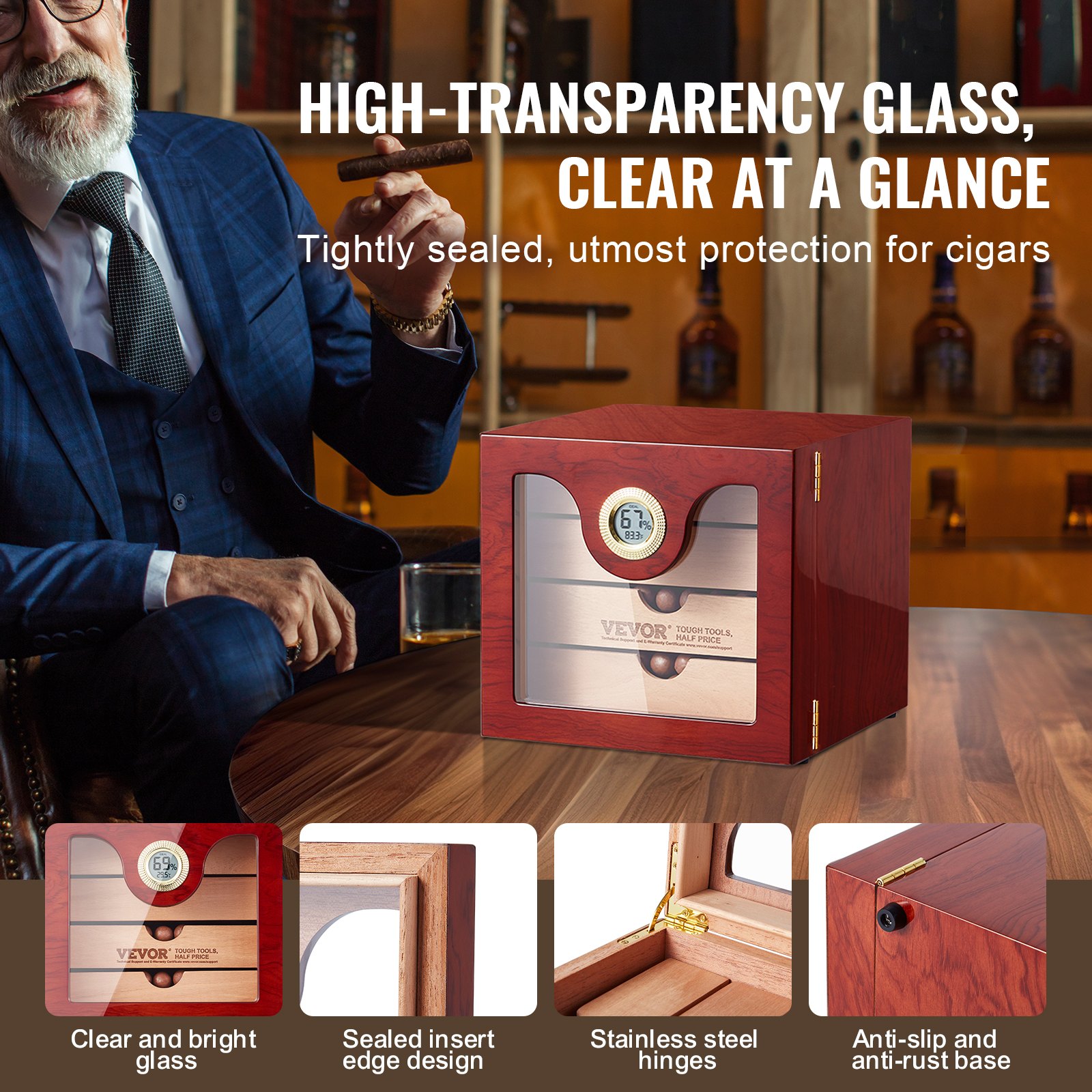 VEVOR 100 Cigar Humidor Cabinet Cedar Cigar Box Humidifier & Hygrometer ...