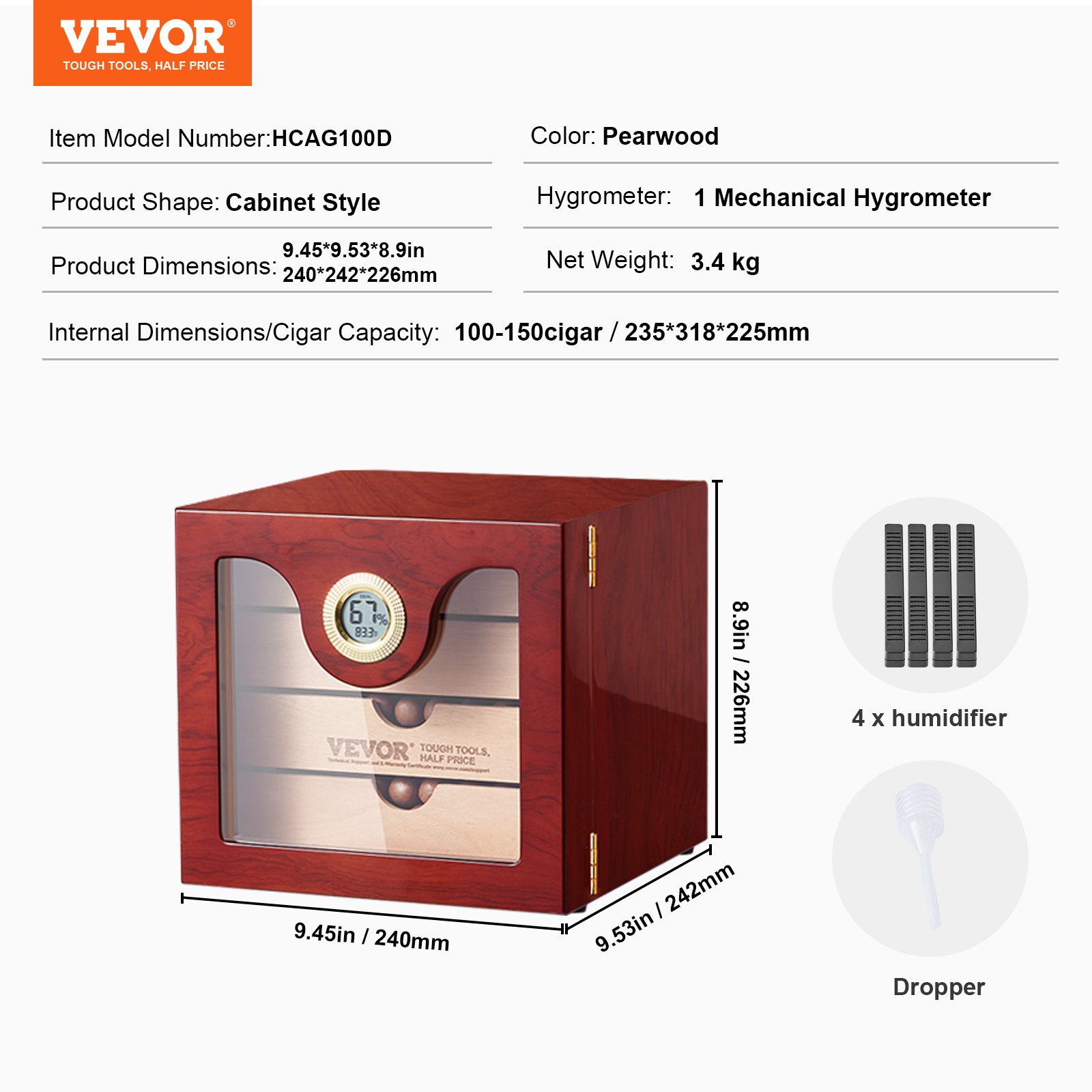 VEVOR 100 Cigar Humidor Cabinet Cedar Cigar Box Humidifier & Hygrometer ...