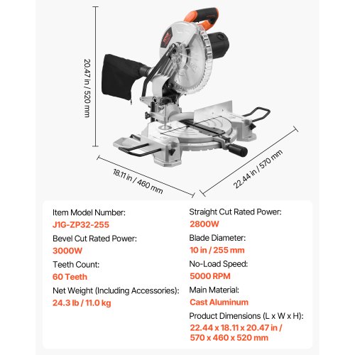 Compound Miter Saw 10-Inch Blade 15 Amp Motor 60-Tooth Corded Single ...