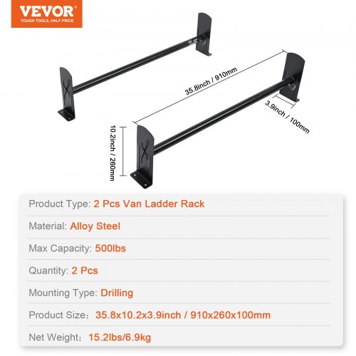 VEVOR Van Roof Ladder Rack, 2 Bars Alloy Steel Roof Racks, 500 LBS ...