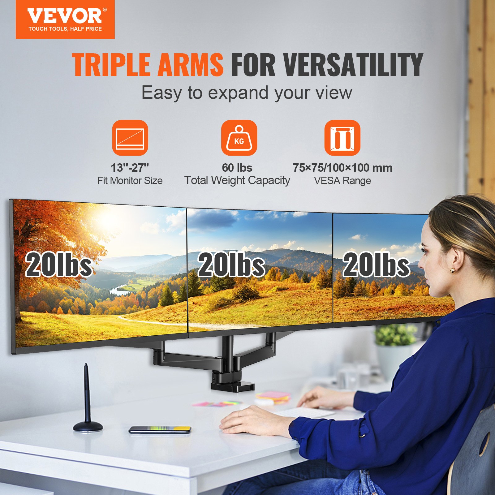VEVOR Triple Monitor Mount, Supports 13"-27" Screens, Fully Adjustable ...