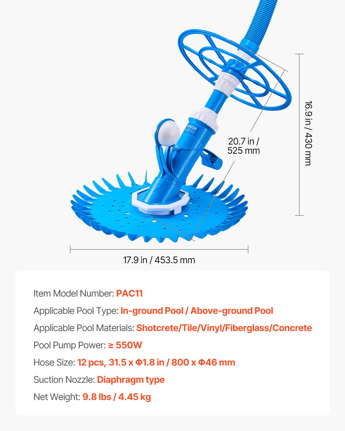 VEVOR Suction Pool Cleaner, Automatic Pool Vacuum Cleaner, Suction Side ...