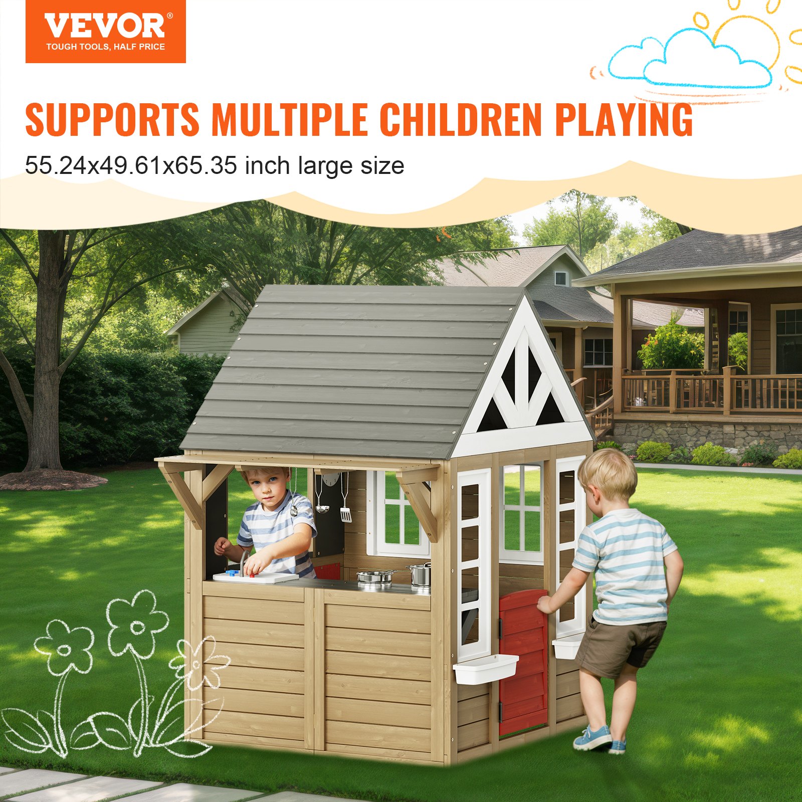 VEVOR Outdoor Wooden Playhouse Kids Garden Games Cottage with Door ...