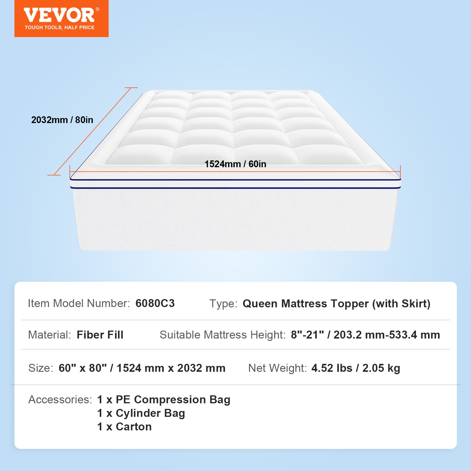 VEVOR Mattress Topper Fiber Fill Detachable & Washable Queen Size 1 in ...