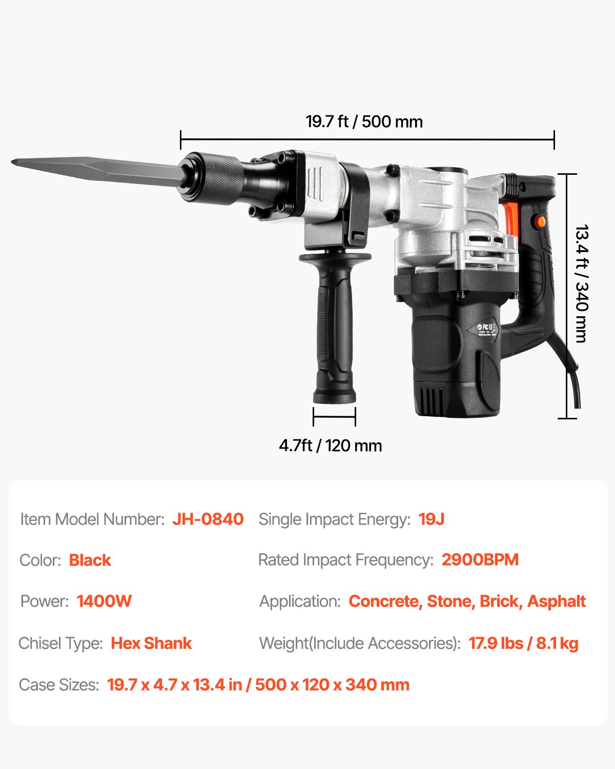 VEVOR Demolition Jack Hammer, 1400W Electric Jackhammer Heavy Duty ...