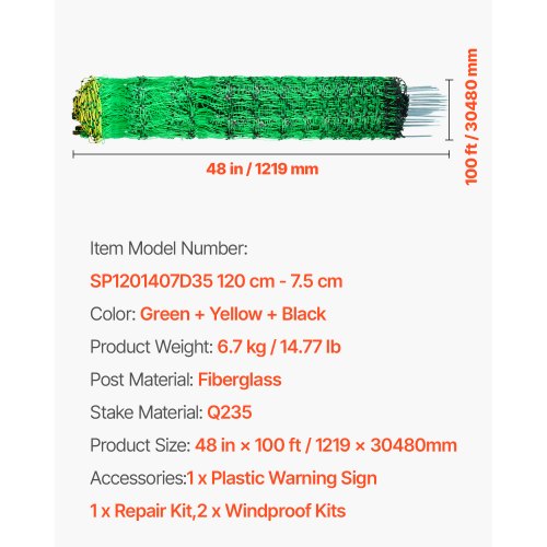 VEVOR Electric Fence Netting, 48" H x 100' L, PE Net Fencing Kit with ...