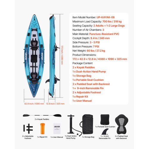 VEVOR Inflatable Kayak 2-Person Inflatable Recreational Kayak 700LBS ...