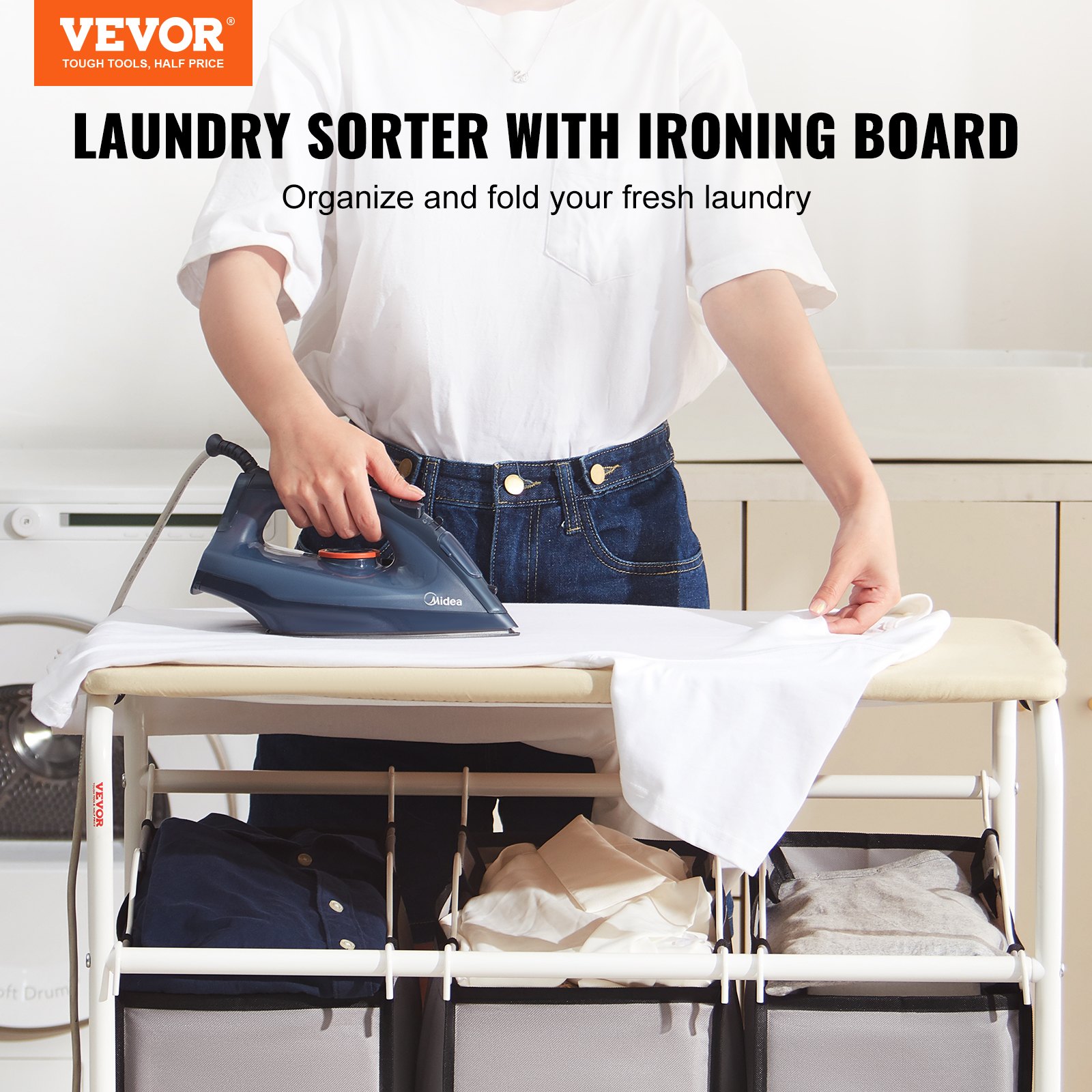 VEVOR 3-Section Laundry Sorter Cart with Ironing Board, Laundry Hamper ...