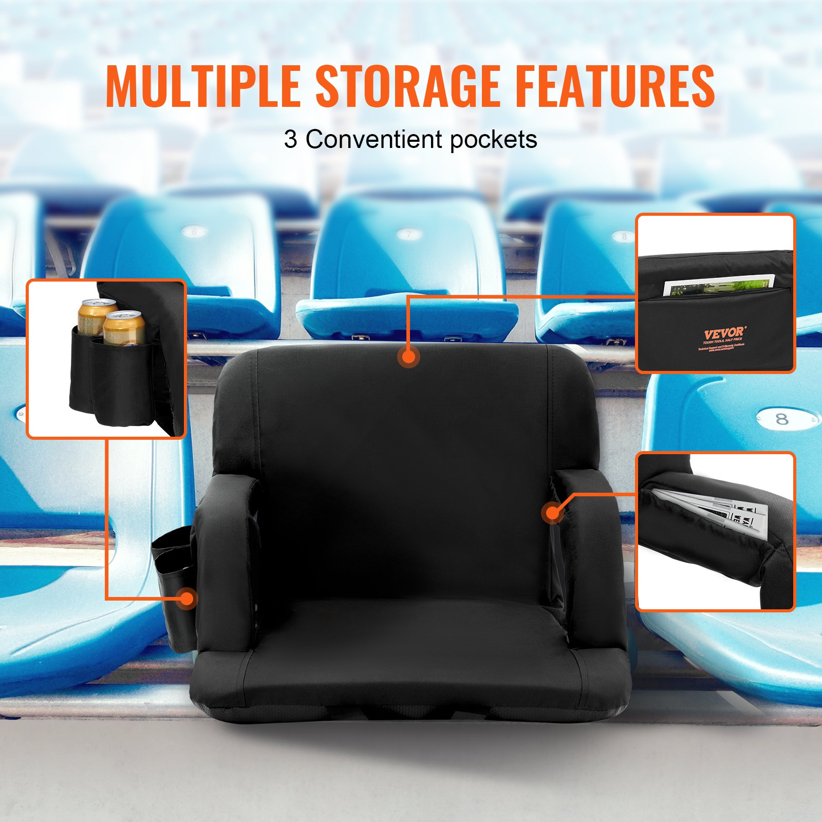 VEVOR Stadium Seat with Back Support, Wide Bleacher Seat Back, Folding ...