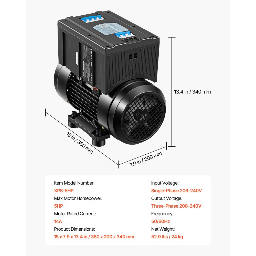 VEVOR Single Phase to 3-Phase Rotary Converter, 5HP 14A 208-240V Input ...