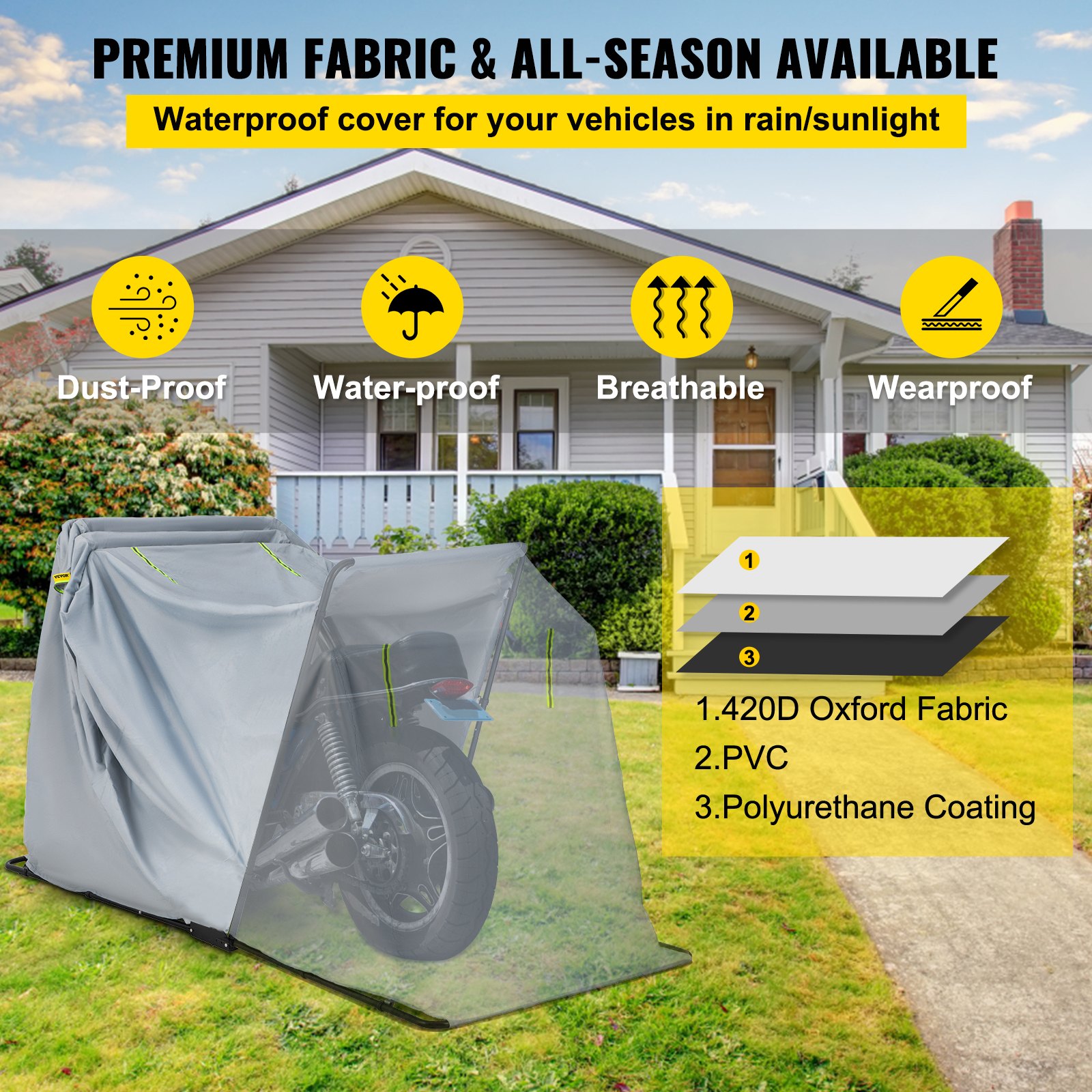 VEVOR Motorcycle Shelter, Waterproof Motorcycle Cover, Heavy Duty ...