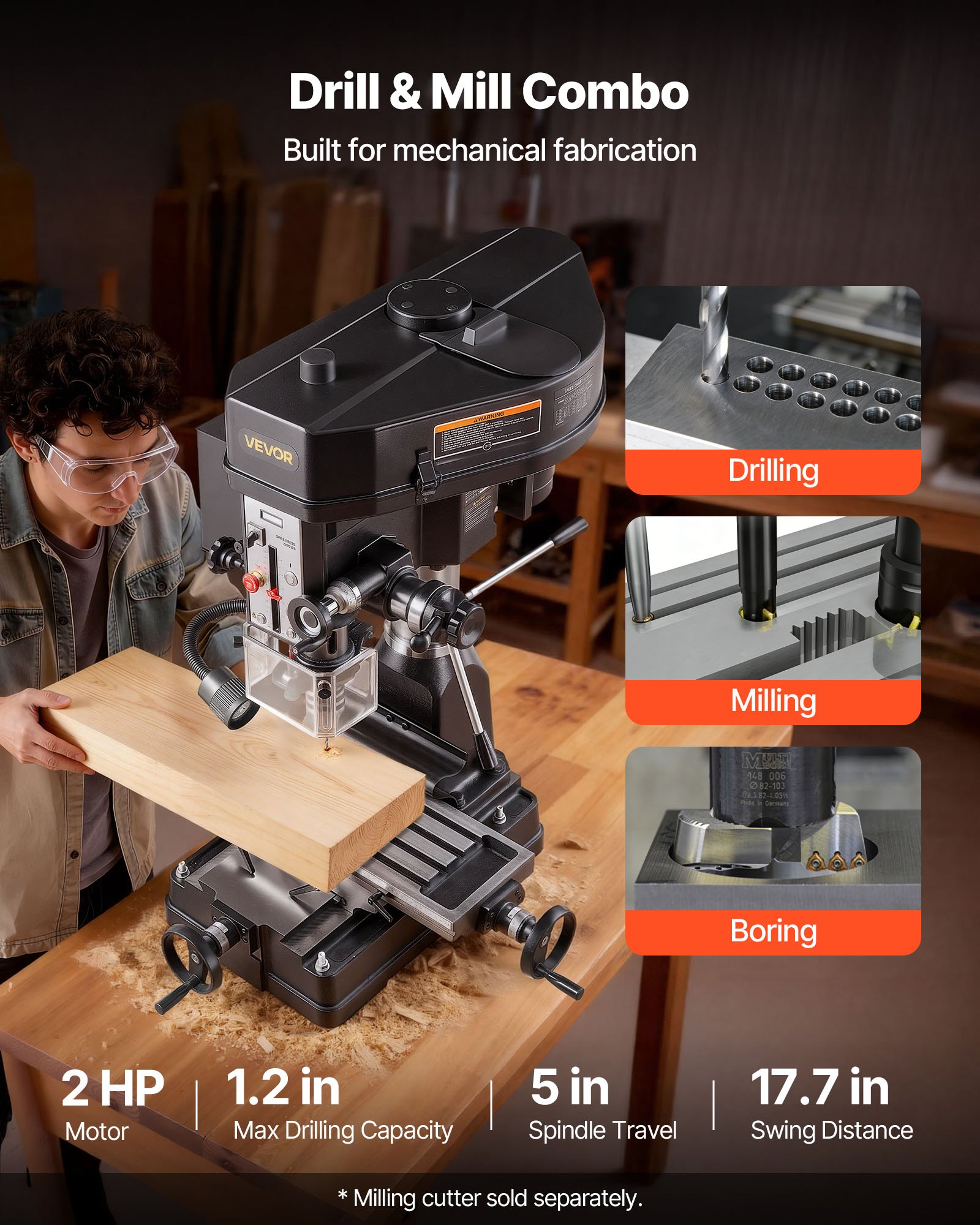 VEVOR 15.875-Inch Mill Drill Machine, 2 HP, Benchtop Milling Drill ...