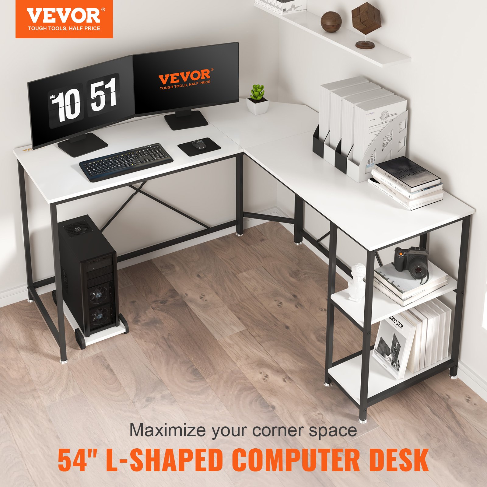 VEVOR L Shaped Computer Desk, 54'' Corner Desk with Storage Shelves ...