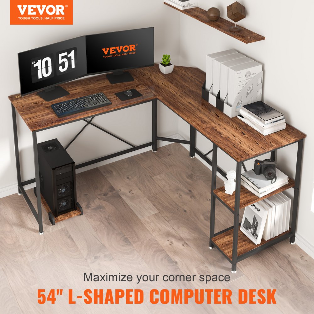 VEVOR L Shaped Computer Desk, 54'' Corner Desk with Storage Shelves ...
