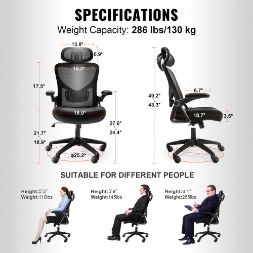 VEVOR Office Chair with Adjustable Lumbar Support, High Back Ergonomic ...