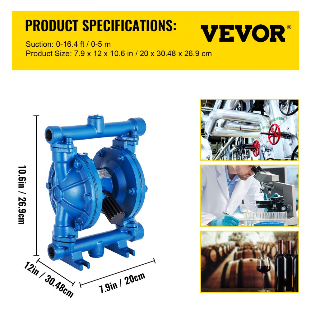 VEVOR Air-Operated Double Diaphragm Pump, 1/2 in Inlet & Outlet, Cast ...