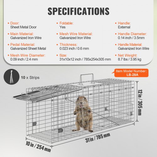 VEVOR Live Animal Cage Trap, 31" x 10" x 12" Humane Cat Trap Galvanized ...