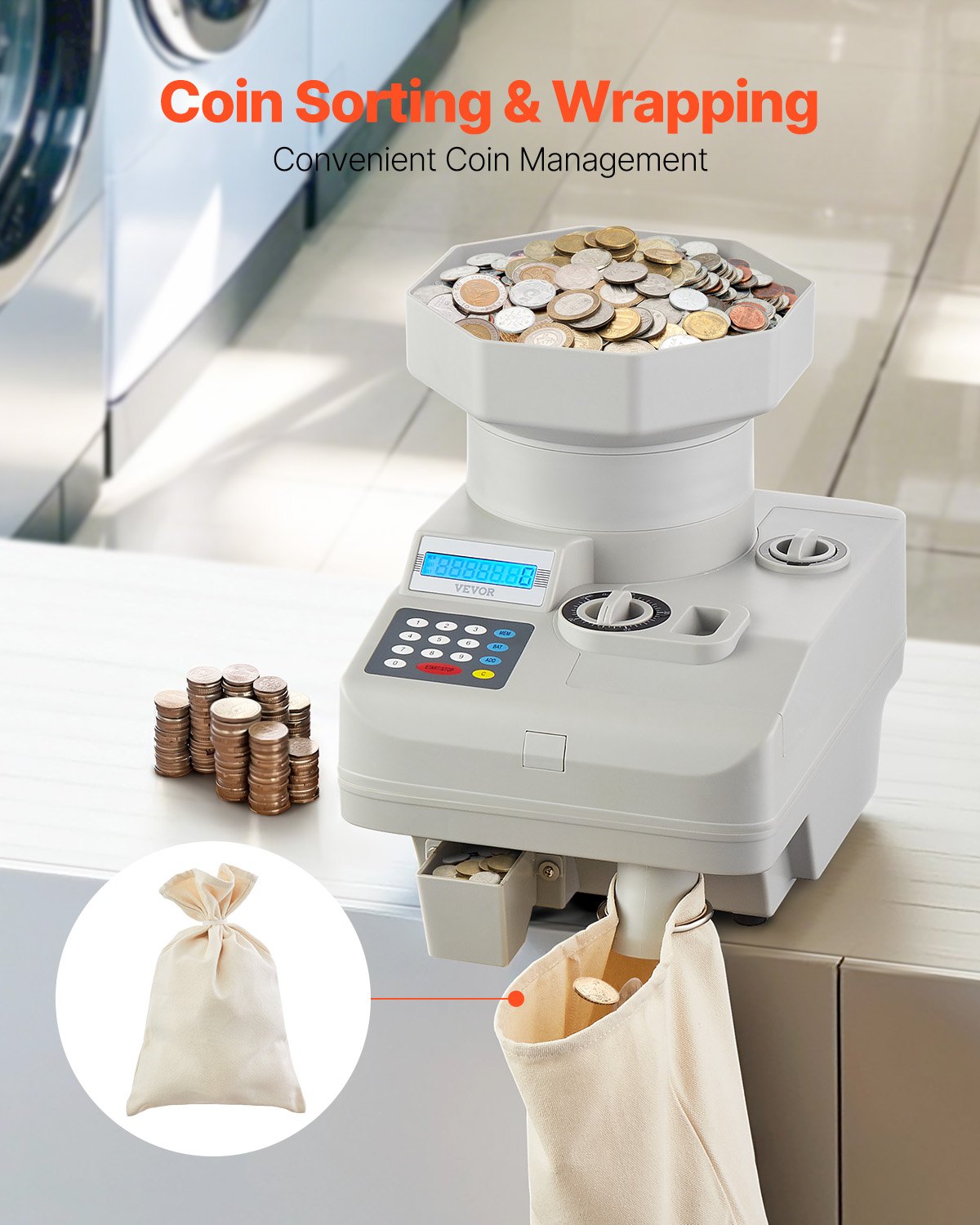 VEVOR Coin Sorter and Wrapper Machine – 1300 Coins, 11,000